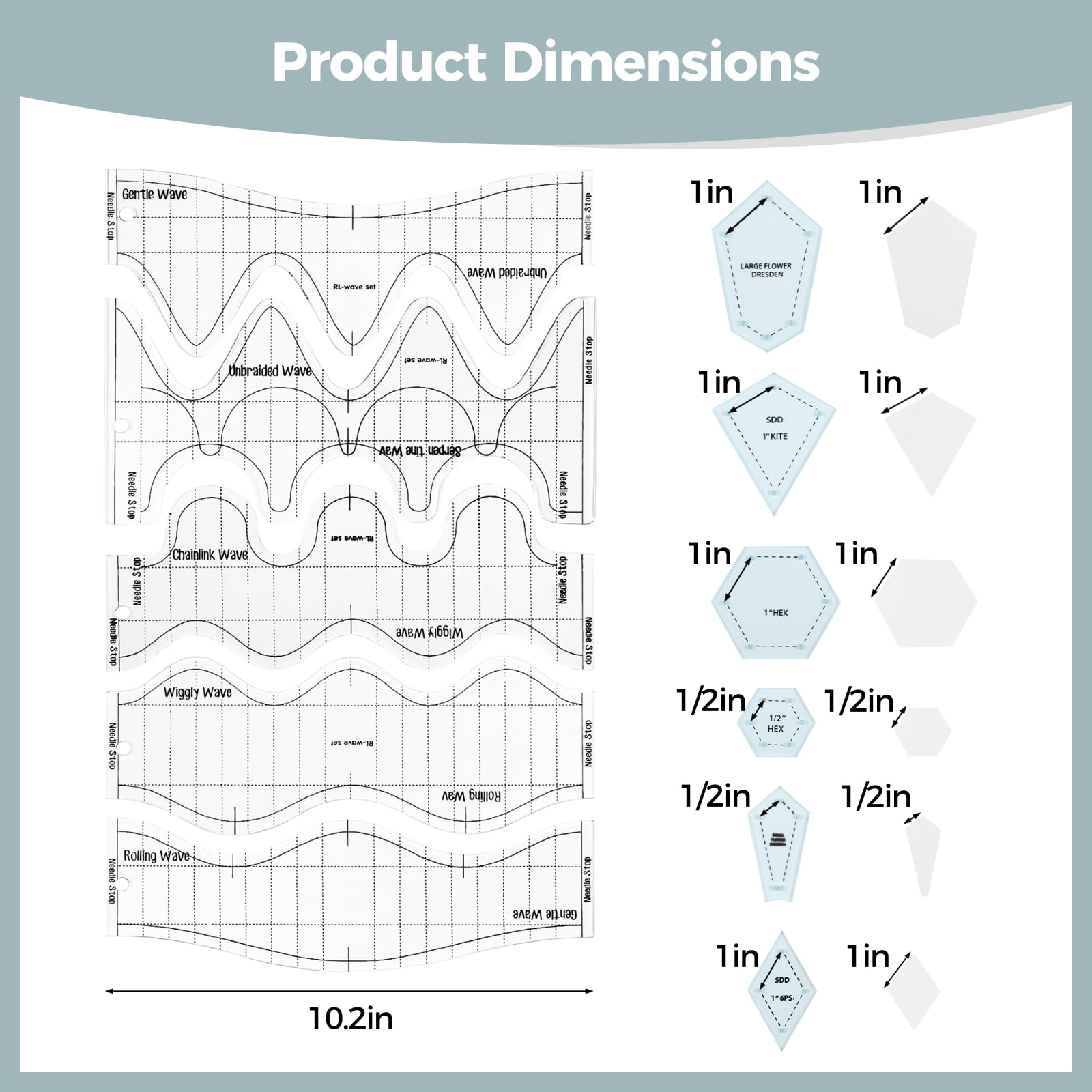 11Pcs Quilting Templates Set, Includes 5 Acrylic Wave Rulers, 6 ...