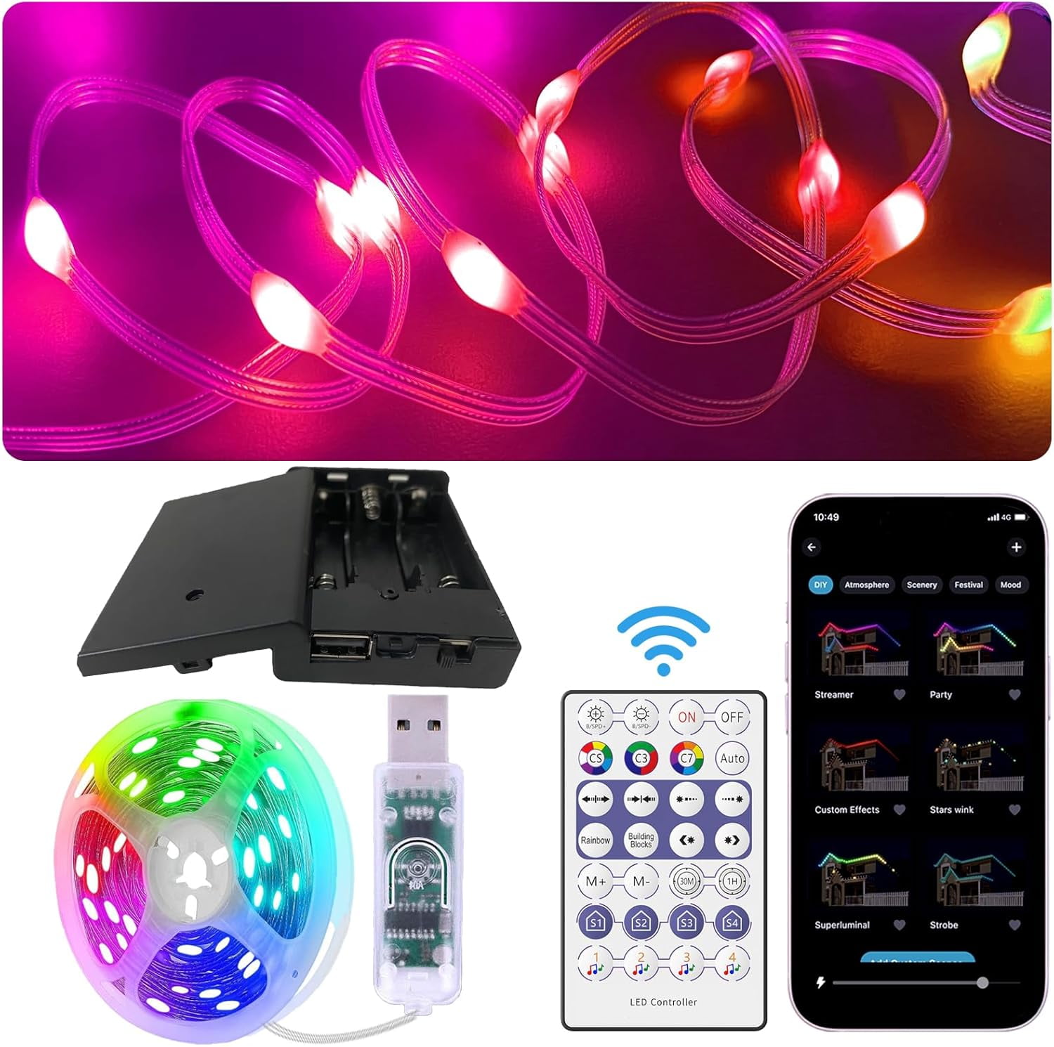 DIY RGB+IC Battery Powered LED Strip Lights, Color Changing USB LED String Lights with Back ...