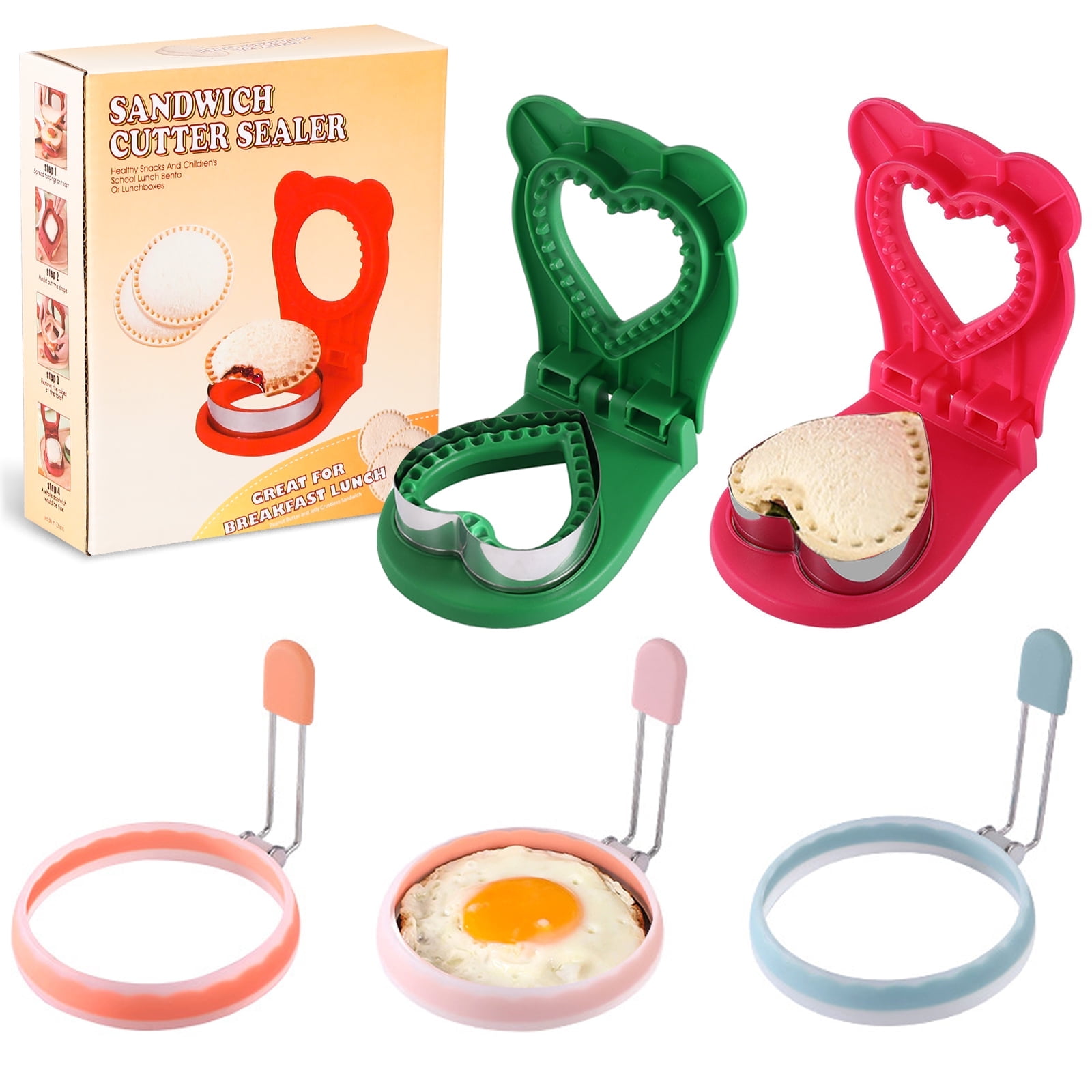 DIY. STORE 3 Pcs Frying Eggs Rings with 2 Pcs Sandwich Cutter, Silicone ...
