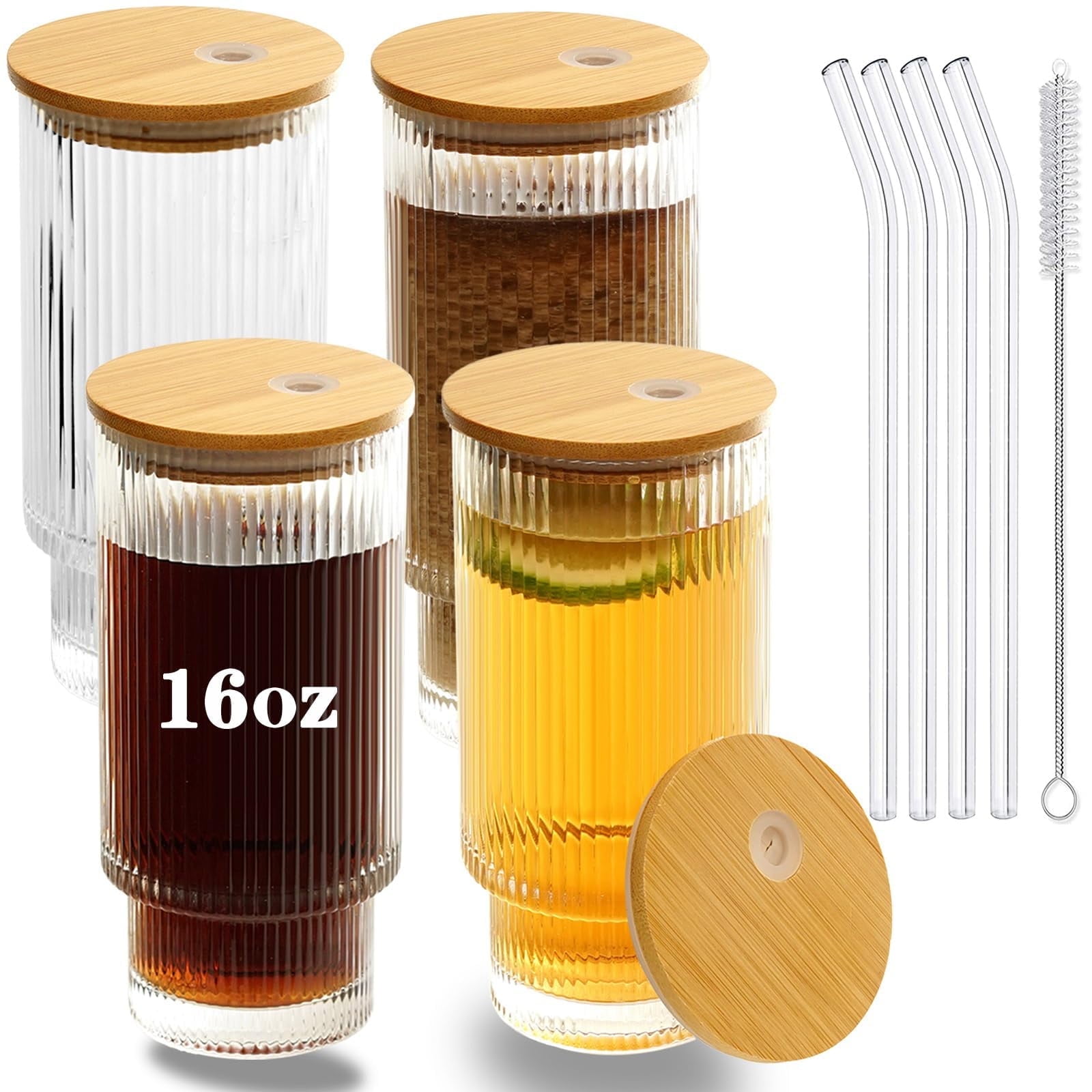 DIY.STORE 4 Pcs Set 16oz Ribbed Drinking Glasses with Bamboo Lids and ...
