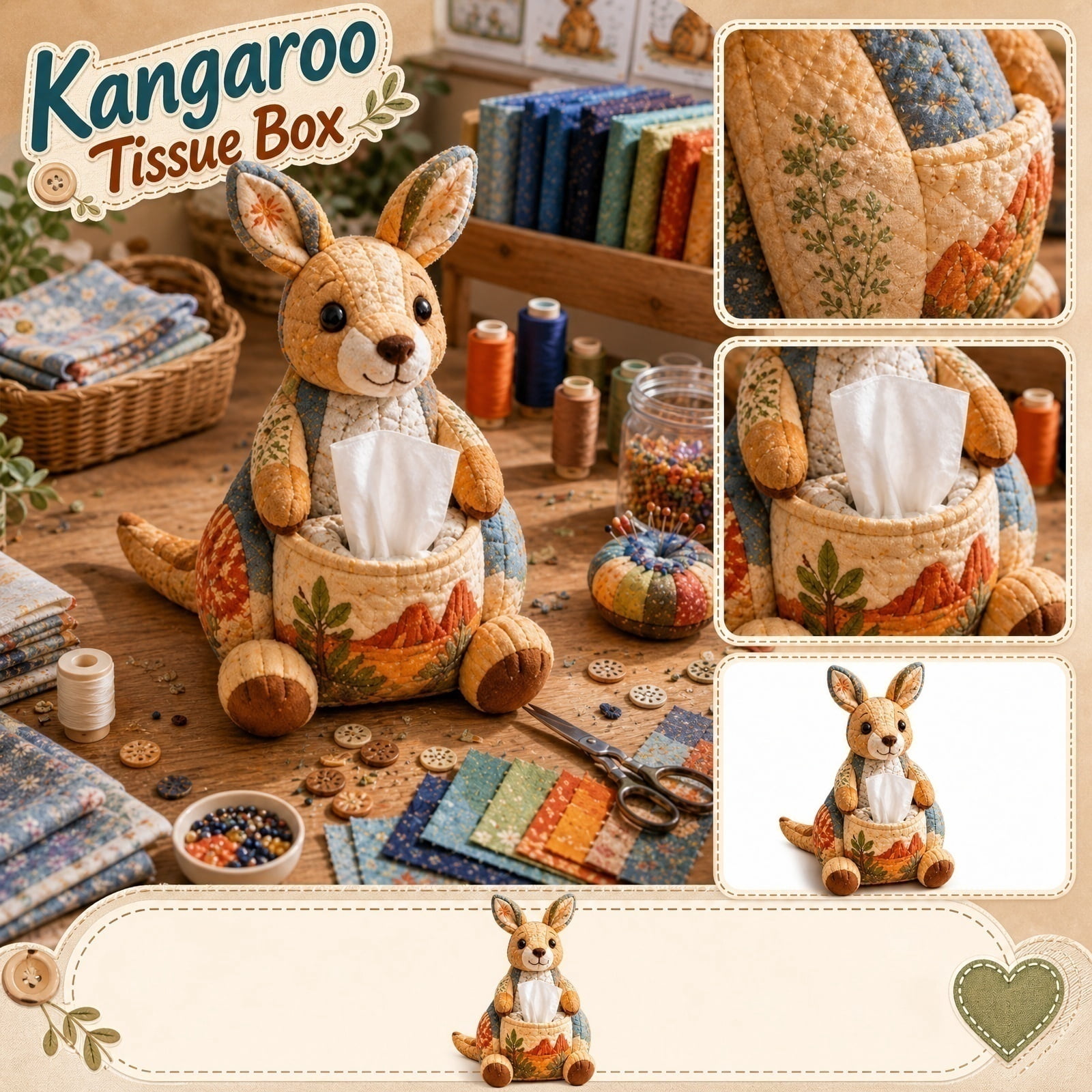 DIY Sewing Kit Patchwork Kangaroo Tissue Box Cover, Quilted Turtle ...
