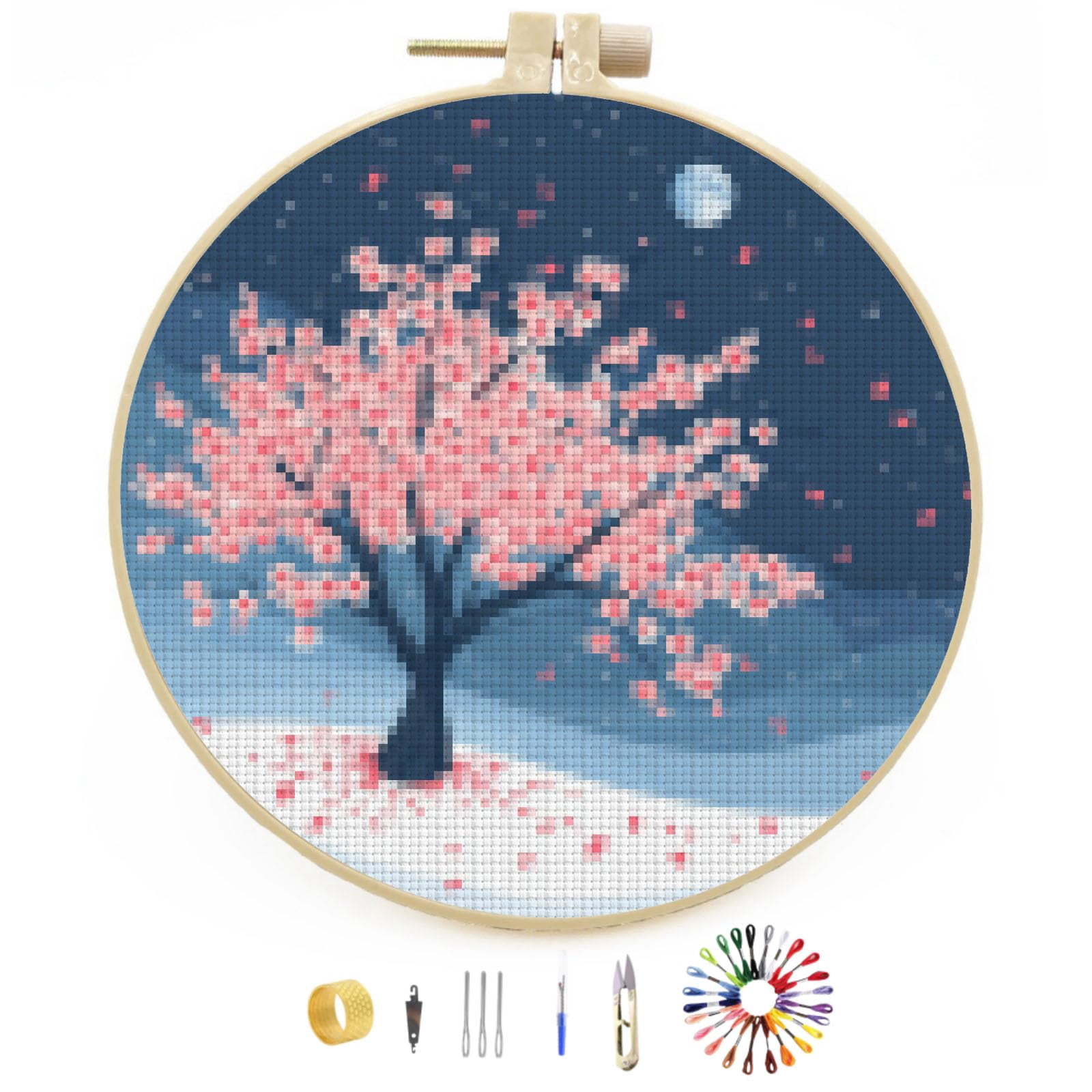 DIY Stamped Cross Stitch Kits Cherry Flower Tree under Blue Moonlight ...