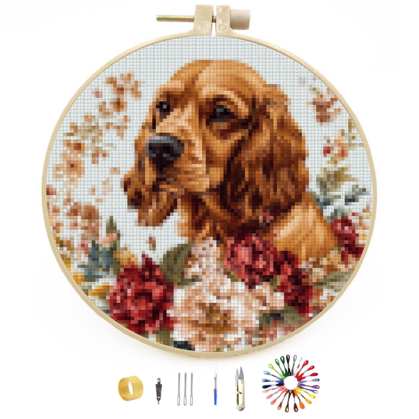 DIY Stamped Cross Stitch Kits Cocker Spaniel Dog and Flowers Easy for ...