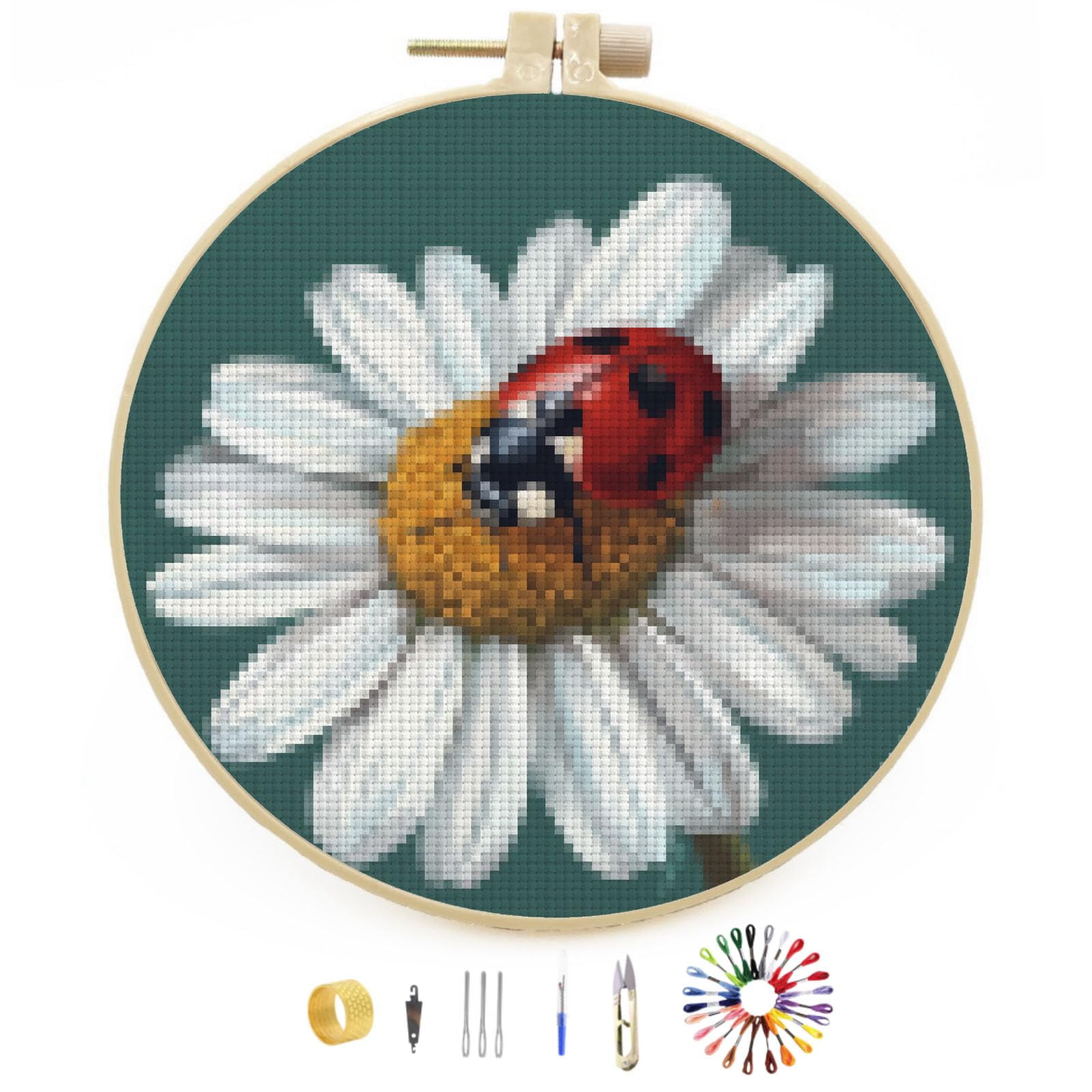 DIY Stamped Cross Stitch Kits Ladybird on Daisy Flower Easy for ...
