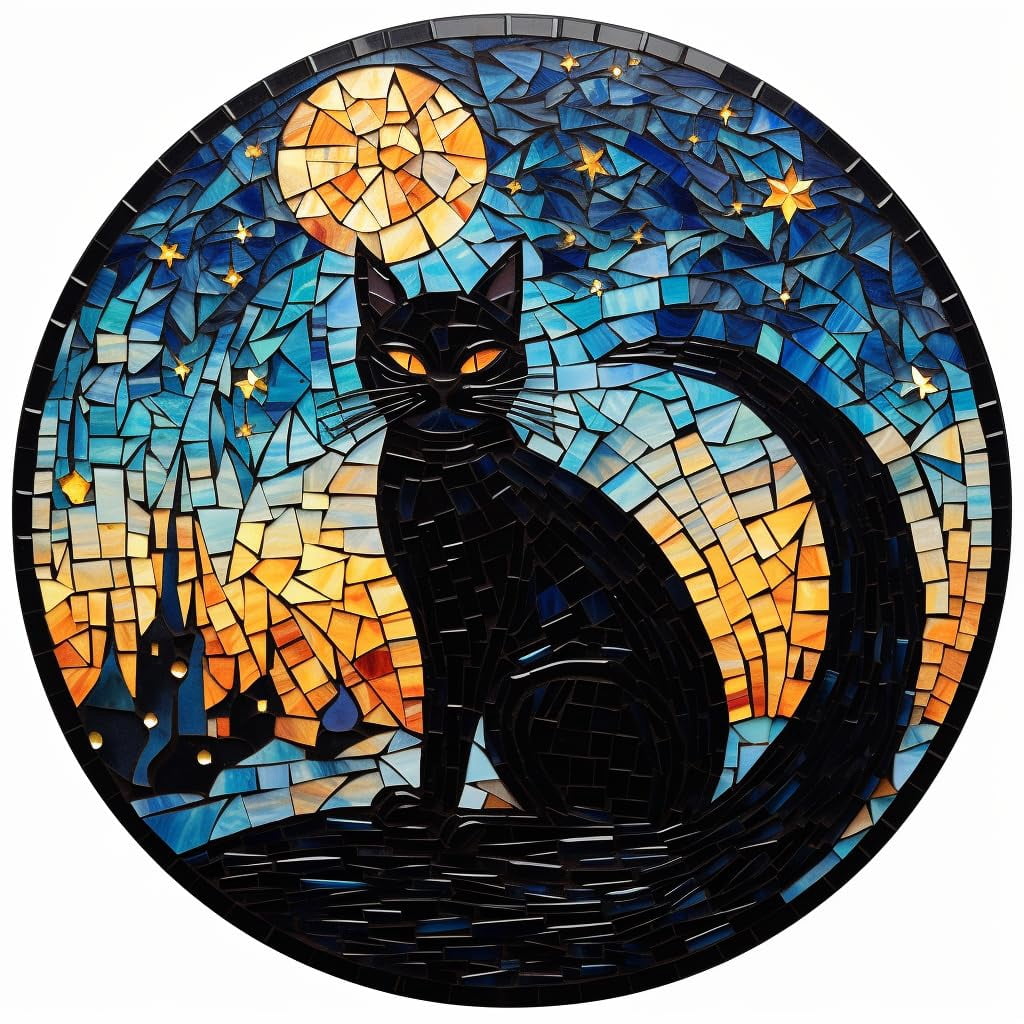 DIY Stamped Cross Stitch Kits Stained Glass Black Cat Moon for ...