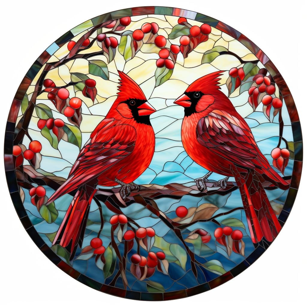 DIY Stamped Cross Stitch Kits Stained Glass Circle Shape Red Bird on ...