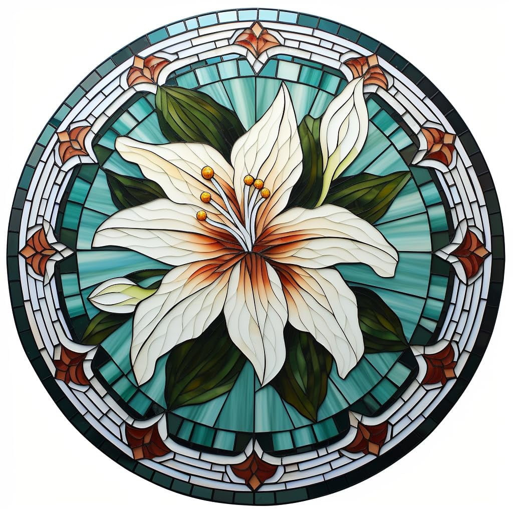 DIY Stamped Cross Stitch Kits Stained Glass White Lily Flowers Circle ...