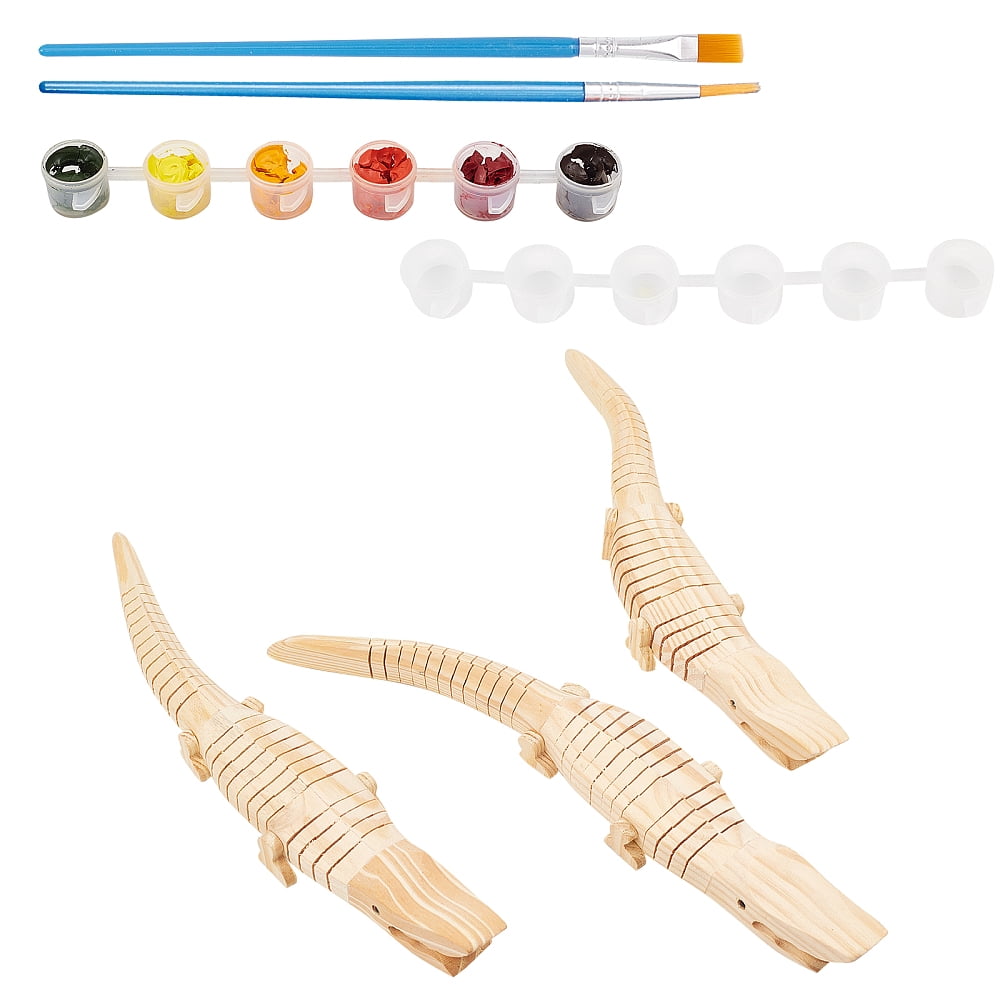 DIY Toy Kit with Unfinished Wooden Crocodile Plastic Paint Brushes Pens ...