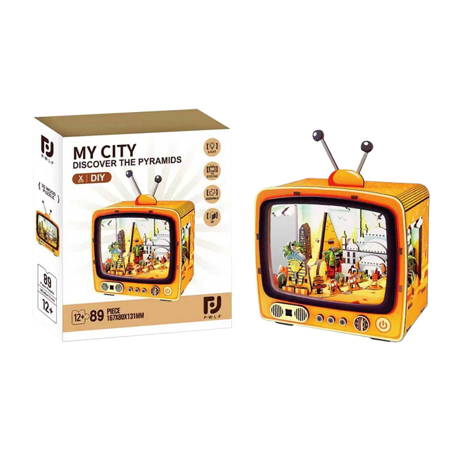 DIY Wooden TV Ornament Light Up Architectural Puzzle Toy Handmade ...