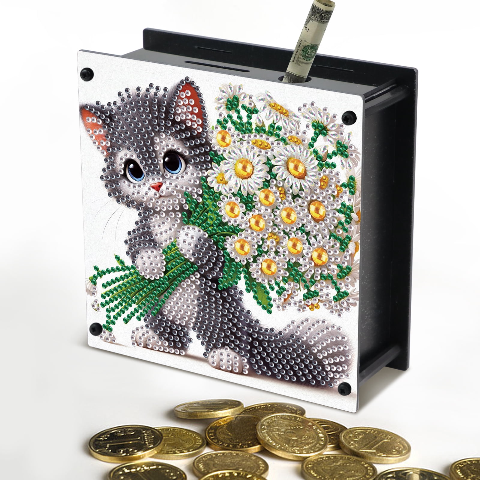DIY diamond painting piggy bank kit, cat flower delivery diamond craft ...