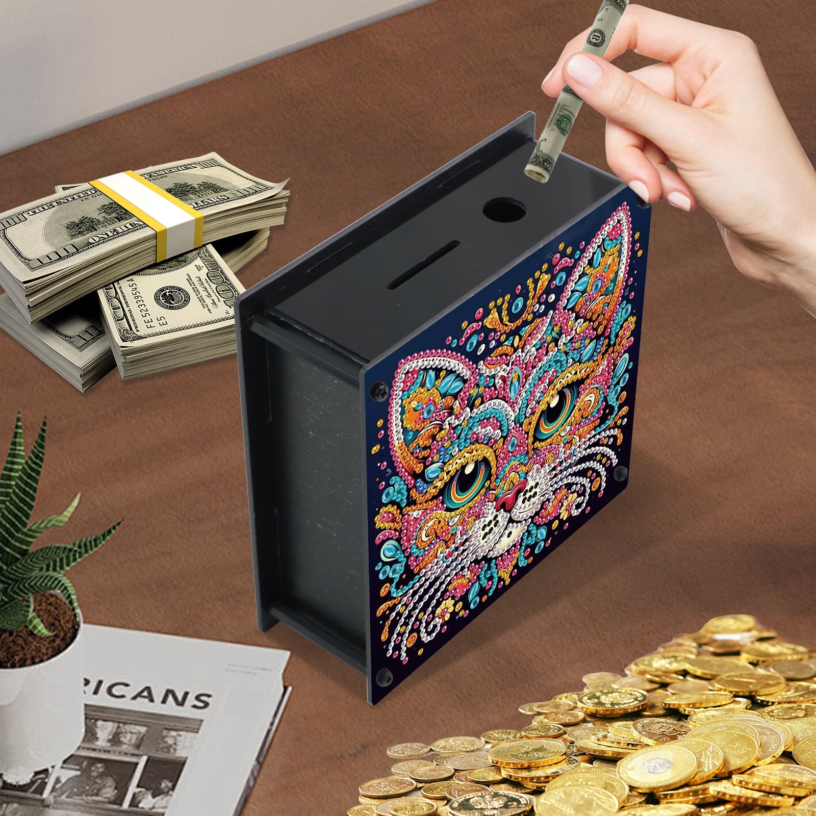 DIY diamond painting piggy bank kit, colourful cat sticker diamond ...