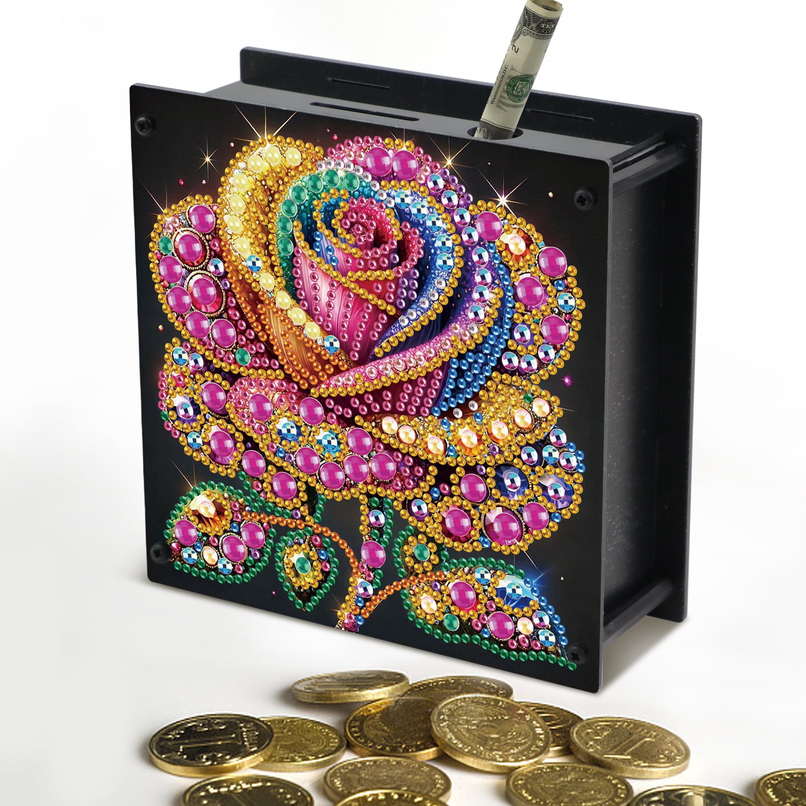 DIY diamond painting piggy bank kit, rose applique diamond craft piggy ...