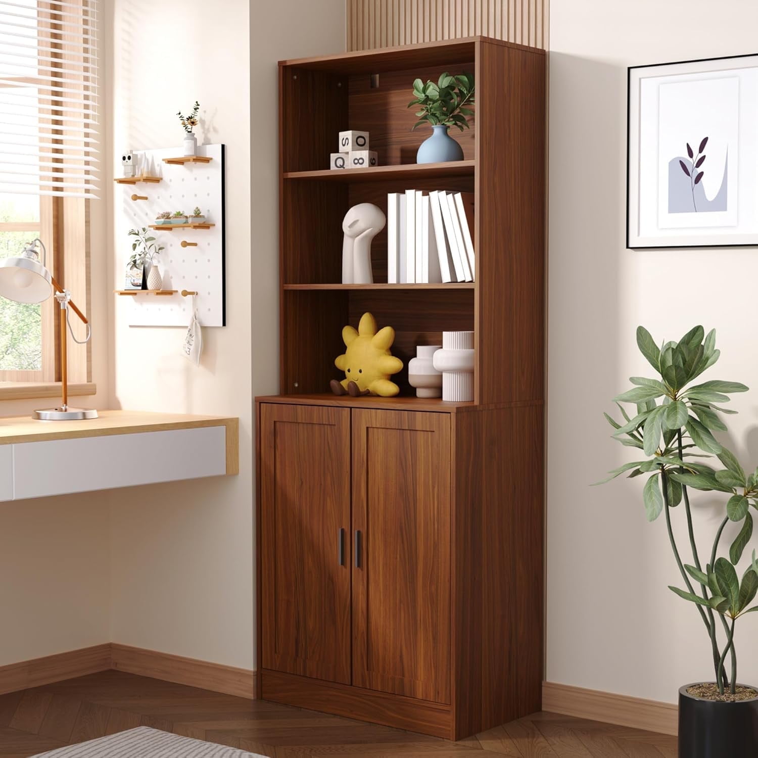 DIYART 75" Tall Bookcase with Doors, 5 Tier Large Bookshelf with ...