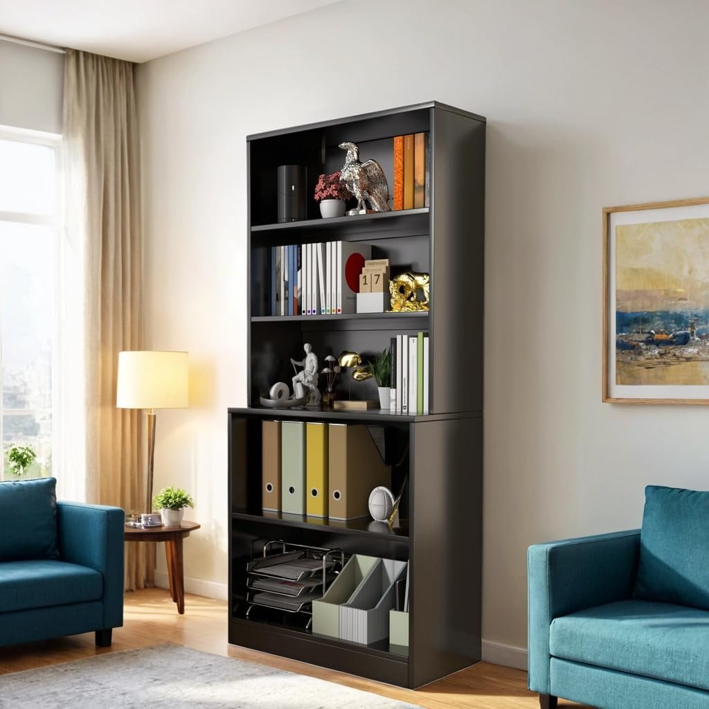 DIYART Black 71" Tall Bookcase, 5 Tier Large Bookshelf, Standing Wood ...