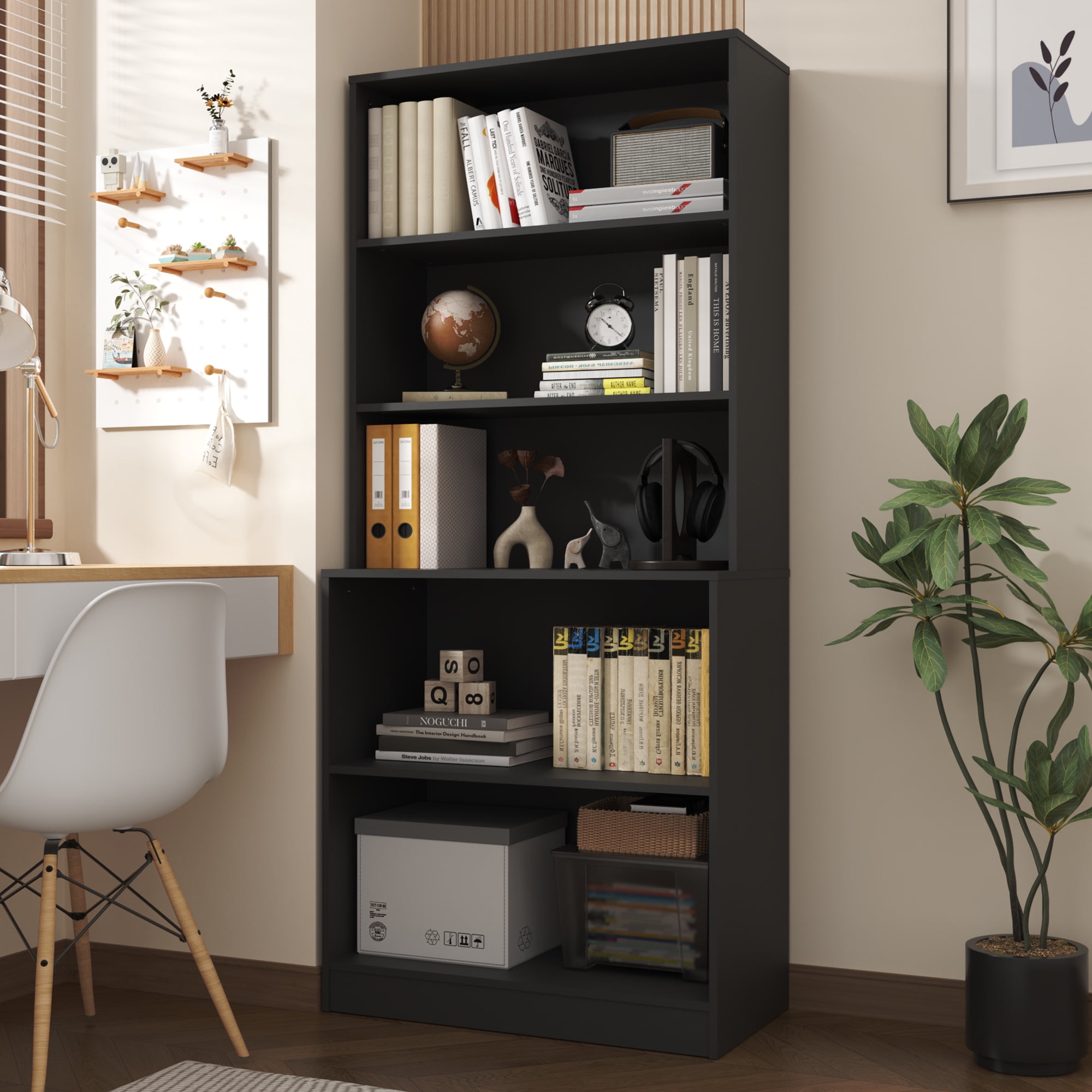 DIYART Black 71" Tall Bookcase, 5 Tier Large Bookshelf, Standing Wood ...