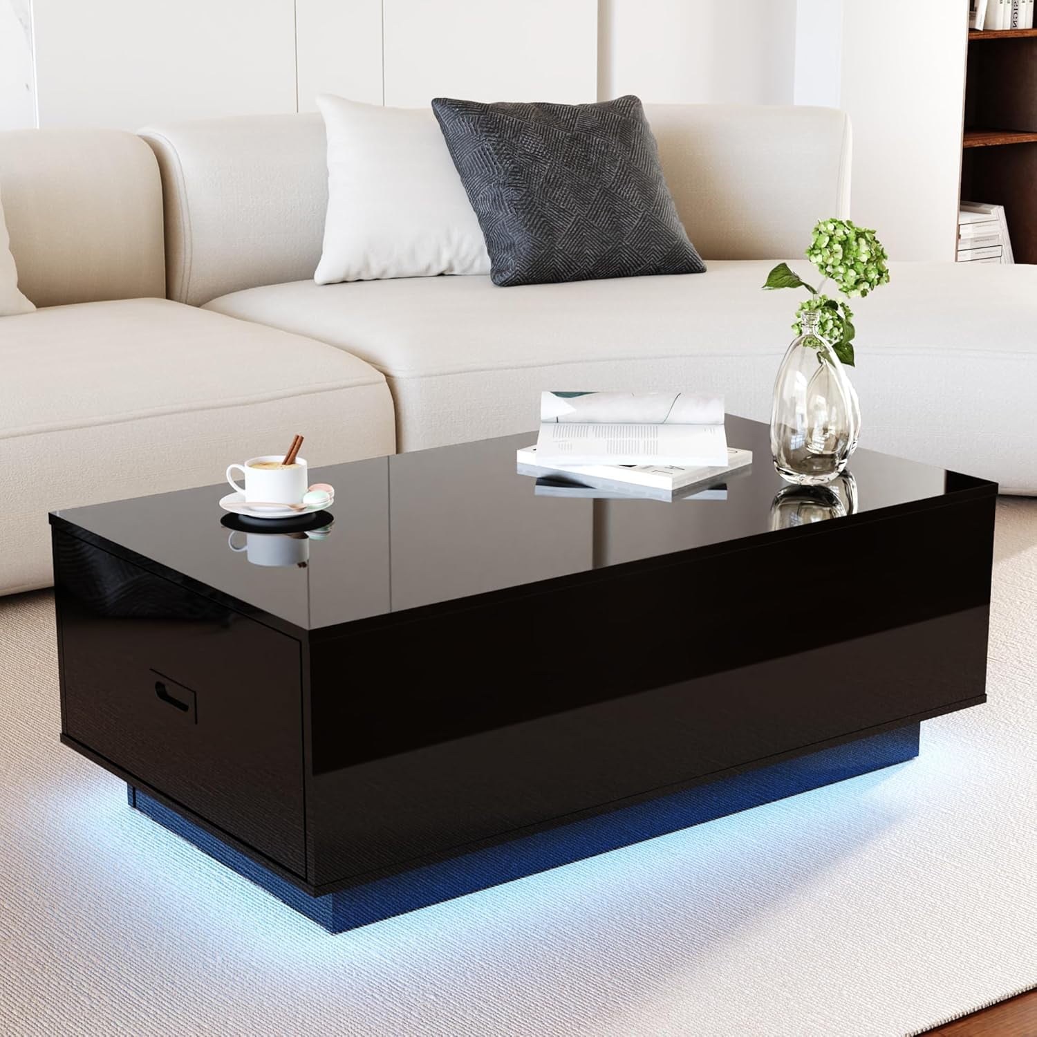 DIYART Black High Glossy Coffee Table, led Coffee Table with 2 Drawers ...