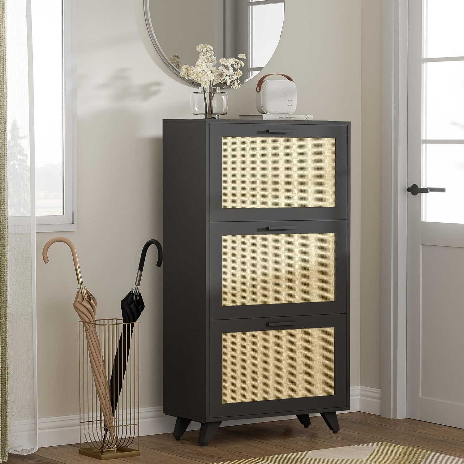DIYART Black Rattan Shoe Cabinet fit up to Shoe Size 16, Boho Narrow ...