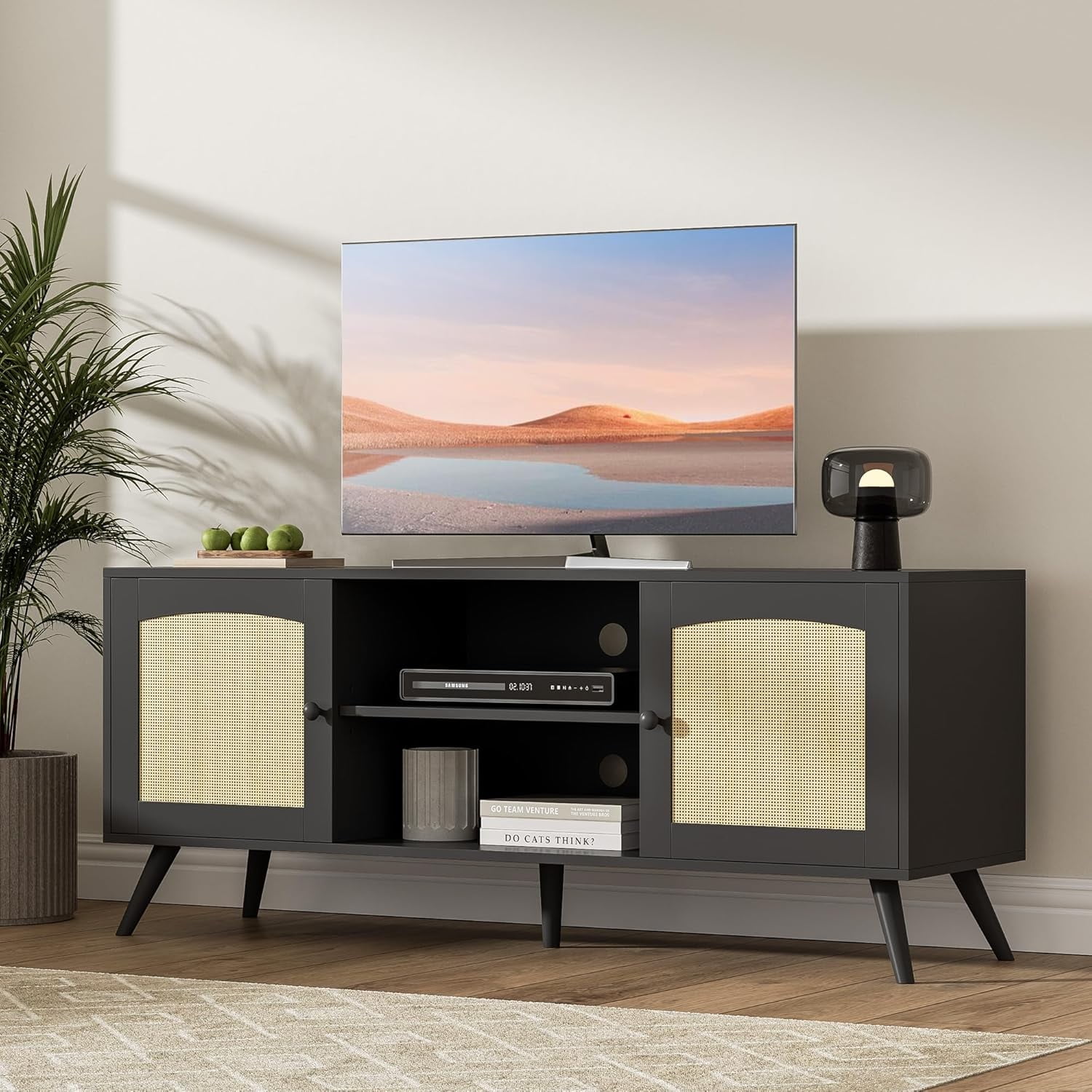DIYART Black Rattan TV Stand for 60 Inch TV, Wooden Mid Century Modern ...