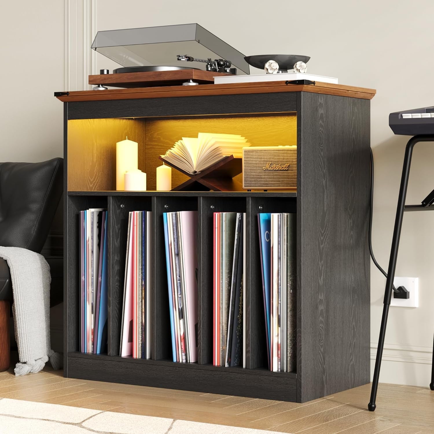 DIYART Farmhouse Large Record Player Stand with Power Outlets & LED ...