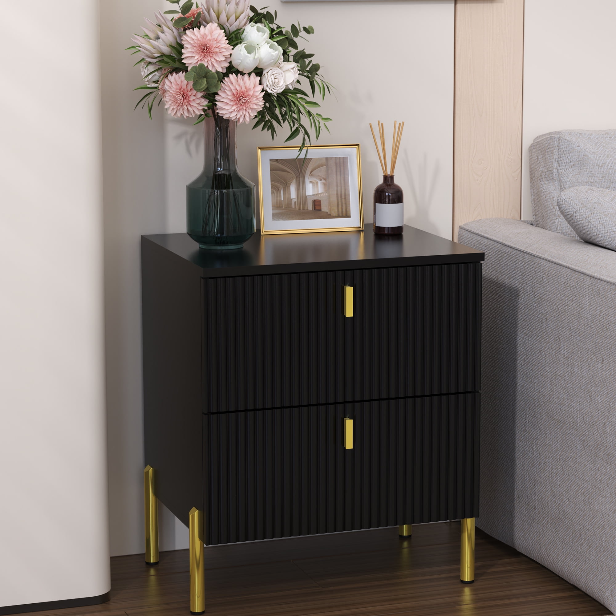 DIYART Luxury Fluted Night Stand, Nightstand with 2 Drawers, Modern ...