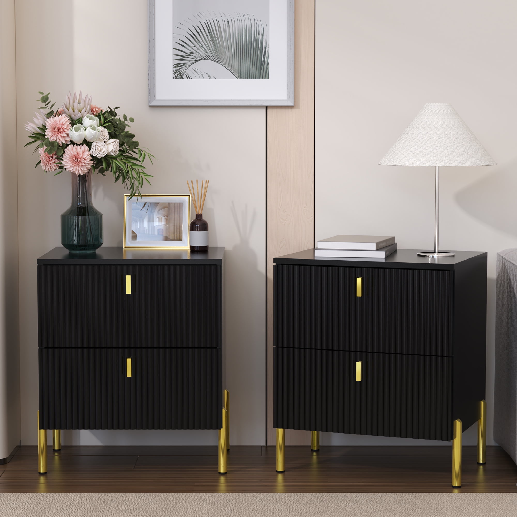 DIYART Luxury Fluted Night Stand Set of 2, Nightstand with 2 Drawers ...
