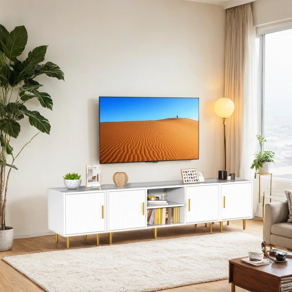White Tv Consoles For Living Room MUUEGM 70" Fluted Tv Stand With ...