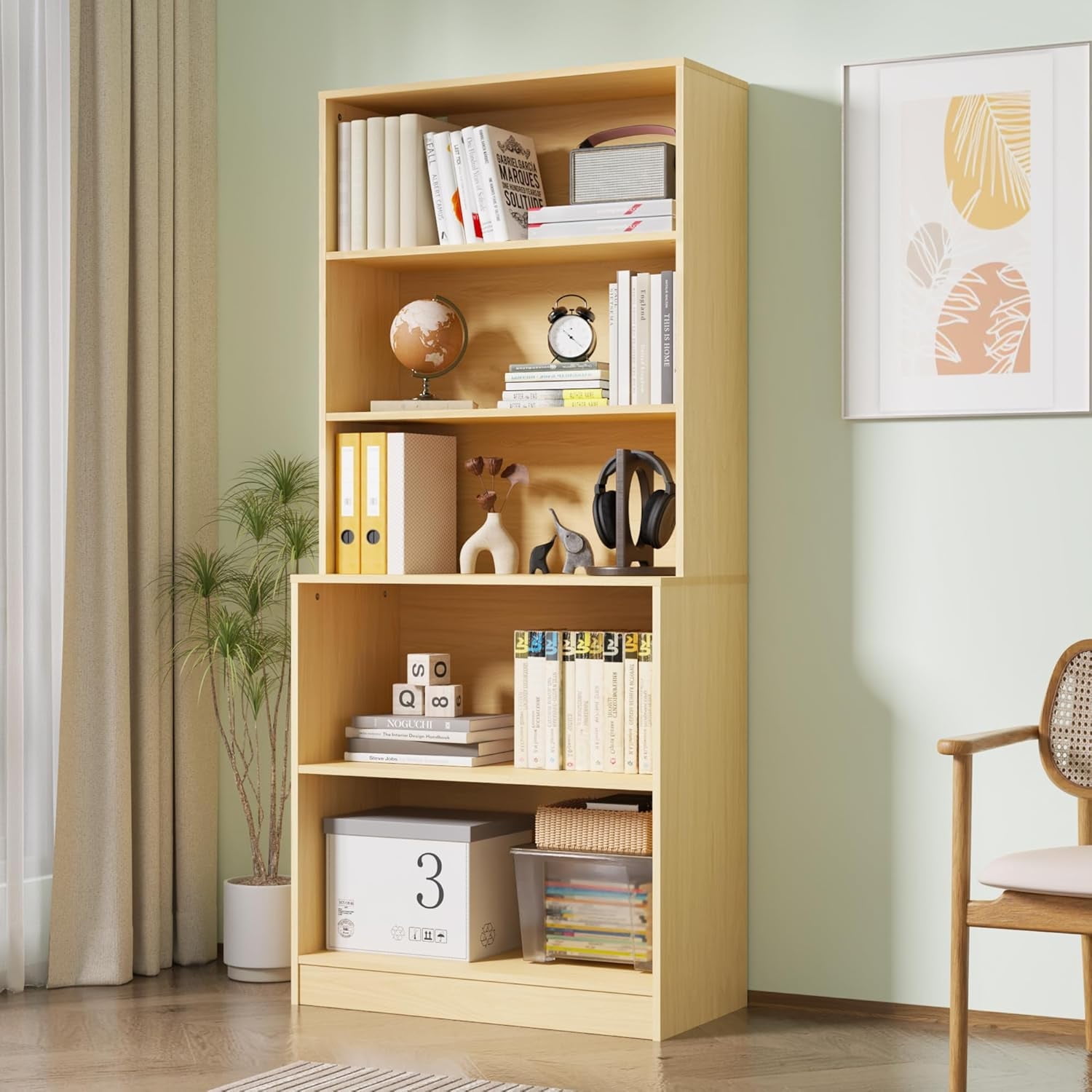 DIYART Oak 71" Tall Bookcase, 5 Tier Large Bookshelf, Standing Wood ...