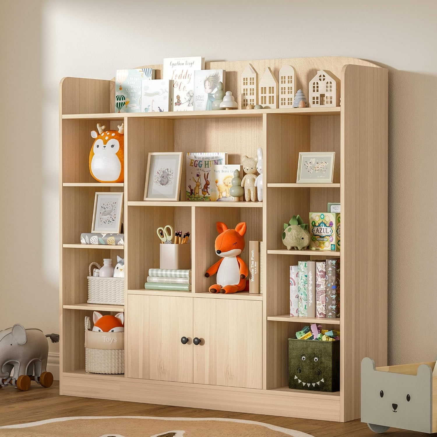DIYART Oak Kids Bookshelf, Kids Bookcase with 11 Cubbies and 2 Cabinets ...