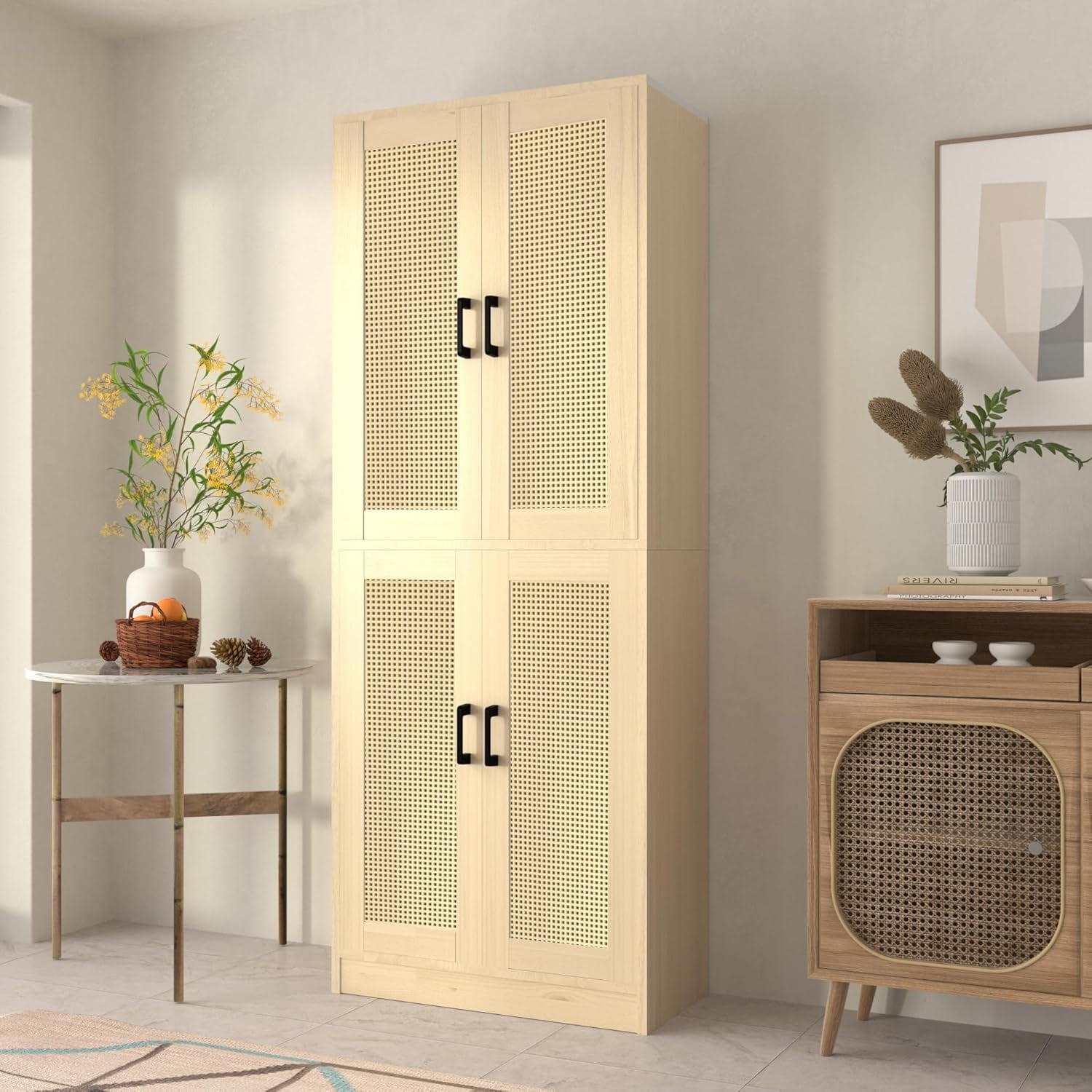 DIYART Oak Rattan Kitchen Pantry Cabinet, 71" Tall Kitchen Pantry ...