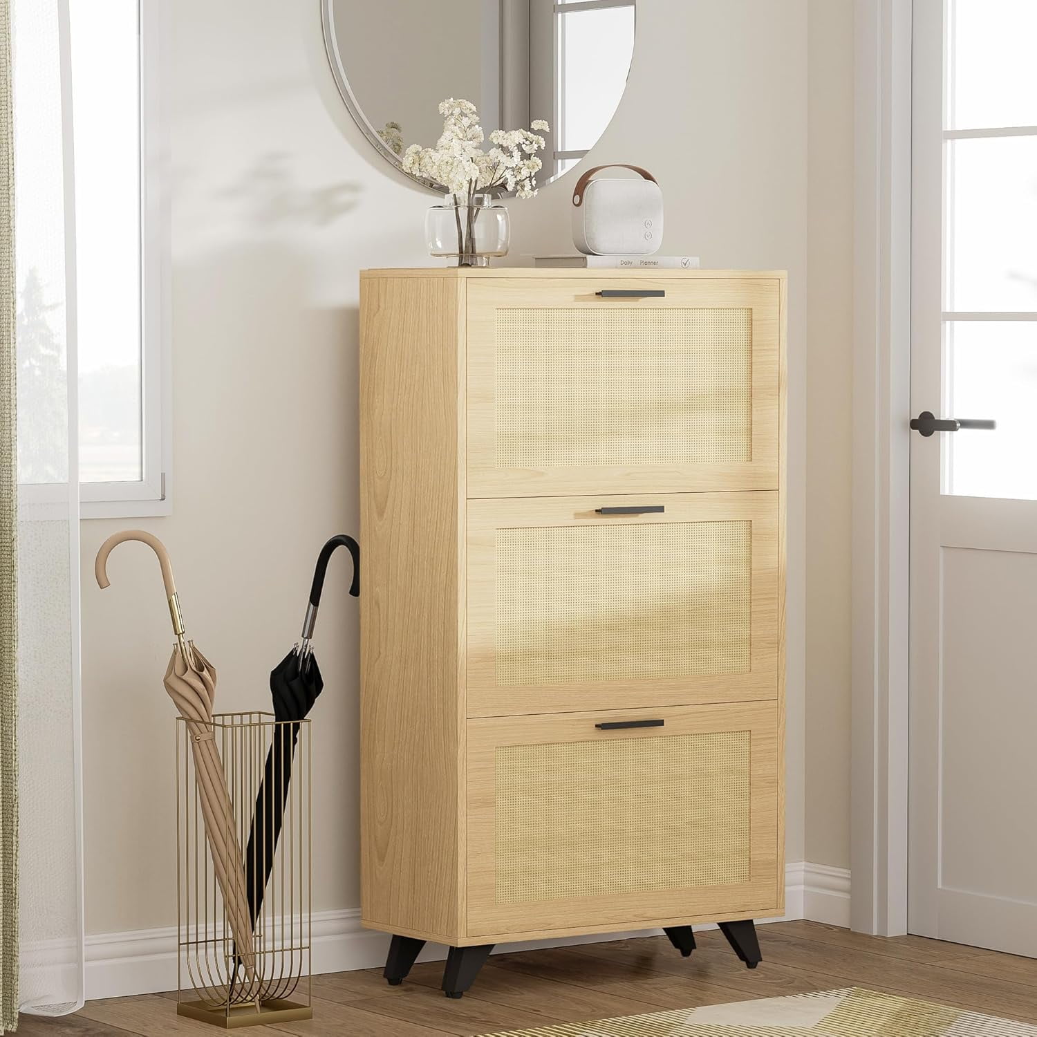DIYART Oak Rattan Shoe Cabinet fit up to Shoe Size 16, Boho Narrow Shoe ...
