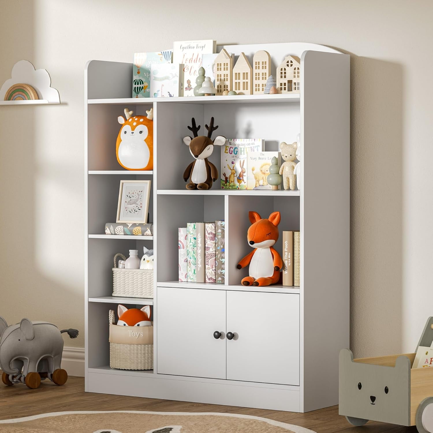 DIYART White Kids Bookshelf, Kids Bookcase with 7 Cubbies and 2 ...