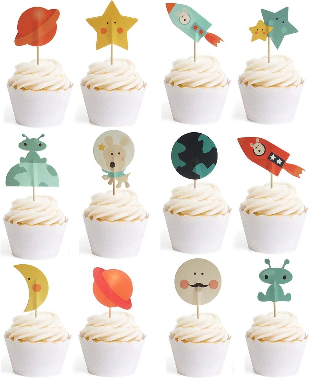 DIYASY 48 Pcs Space Cupcake Topper,Planet,Star,Rocket,Moon and Alien ...