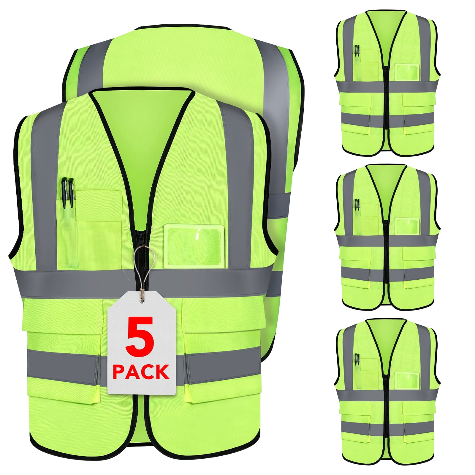 DIYMAG 5 Pack Safety Vests, XL,Neon Green-Hi-Vis Synthetic Work Vest ...