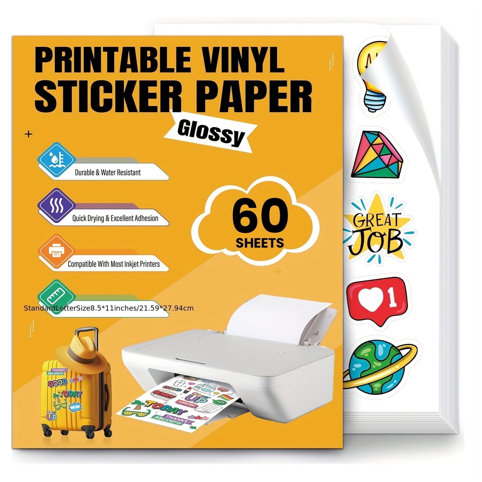 Diymag, Printable Vinyl Sticker Paper, 60 Pcs, Waterproof Glossy White ...