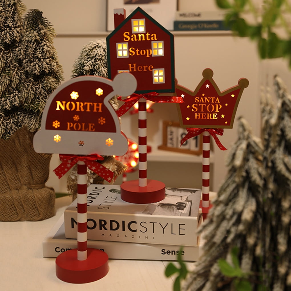 12 Inch Retro Wooden LED Christmas Lamp North Pole Sign Santa Stop Here ...