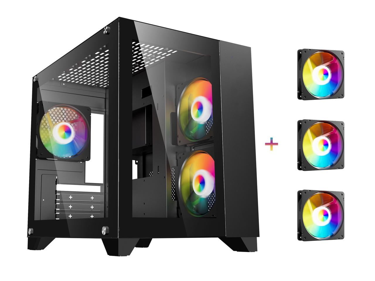 DIYPC ARGB-Q3-BK USB3.0 Micro ATX Gaming Case w/ Dual Glass Panel, 3 ...