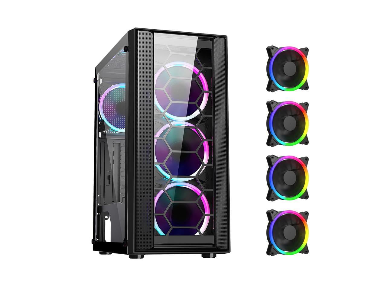 DIYPC Black Steel/Glass ATX Mid Tower Computer Case 4x LED Fans Full ...