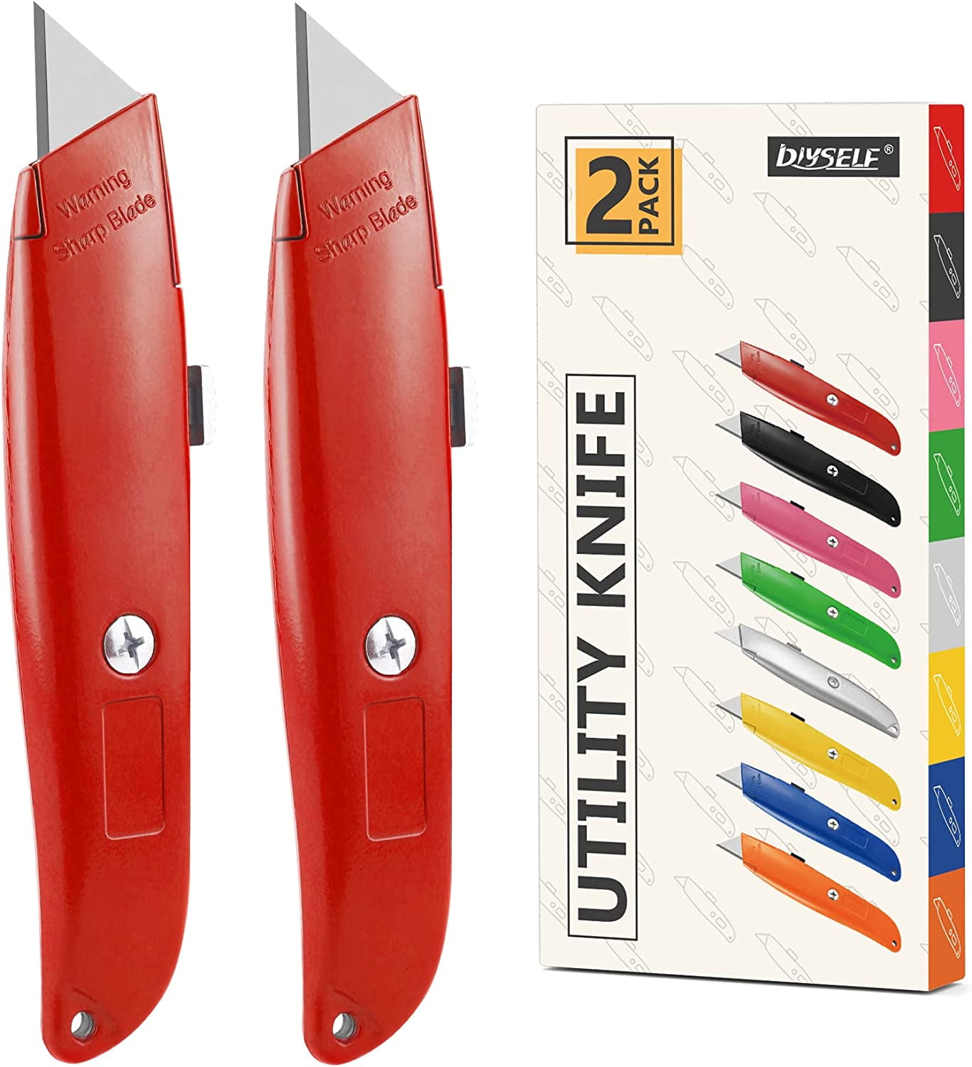 DIYSELF 2Pack Utility Knife Box Cutter Retractable Blade Heavy Duty(Red ...