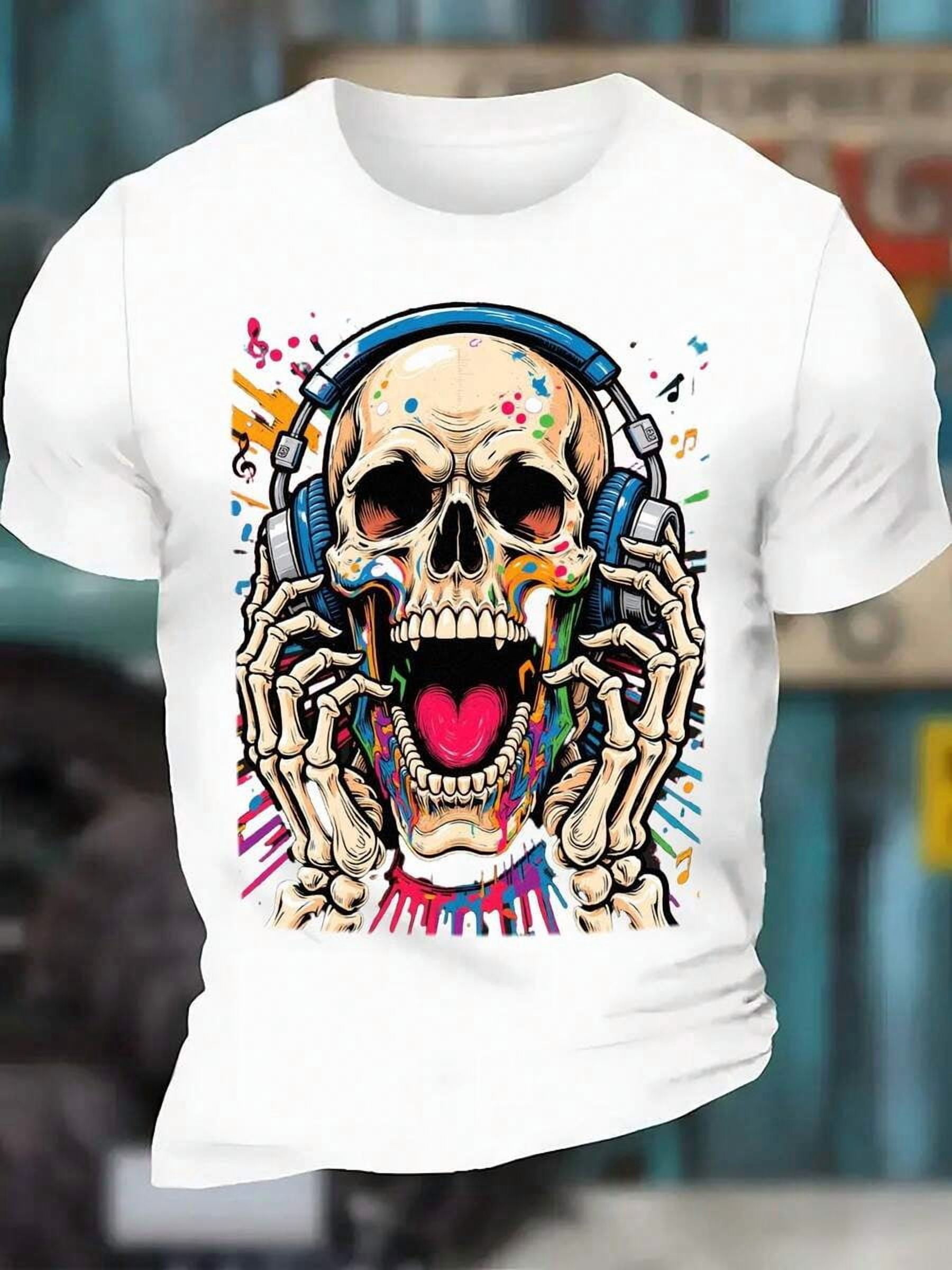 DJ Headphone Skull Music Note Print T-Shirt - Breathable Cotton Crew ...