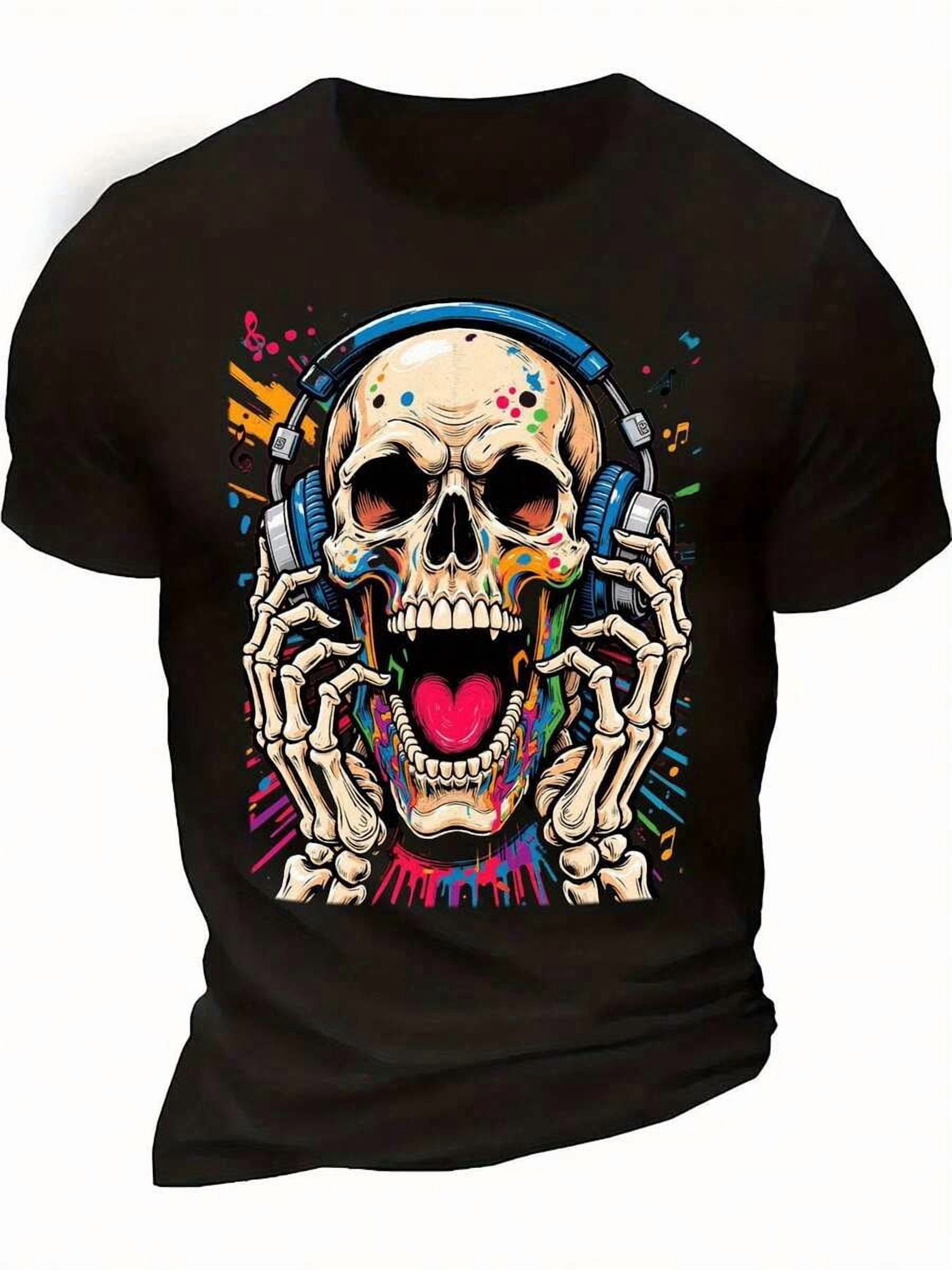 DJ Headphone Skull Music Note Print T-Shirt - Breathable Cotton Crew ...