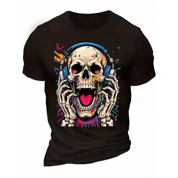 DJ Headphone Skull Music Note Print T-Shirt - Breathable Cotton Crew ...