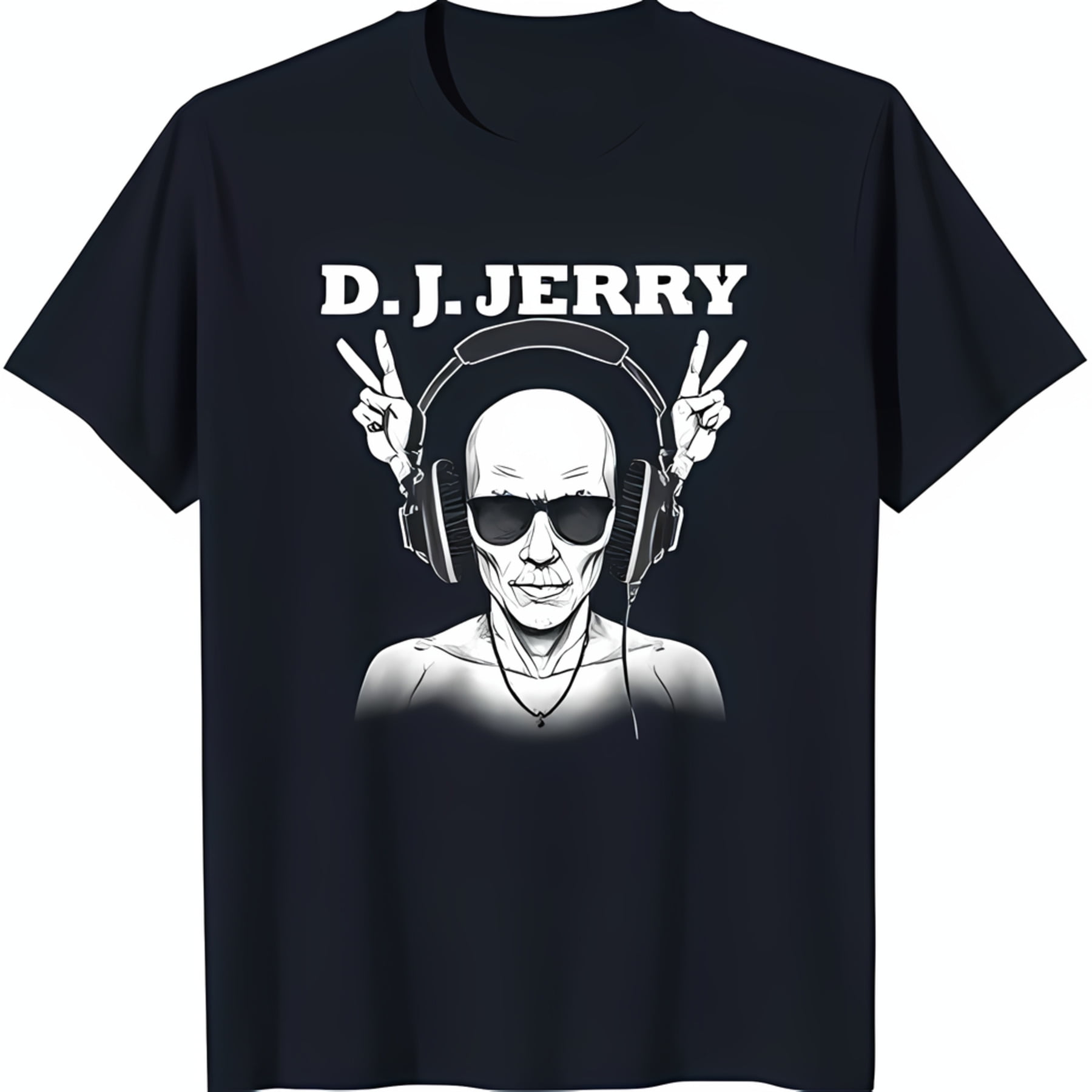 DJ JERRY Black T-Shirt with White Design of Bald Man in Headphones ...