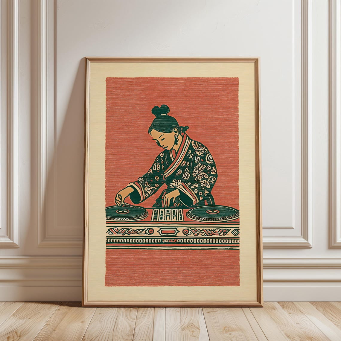 DJ Japanese Woodblock Lino Style Red and Green Music Home Wall Art ...