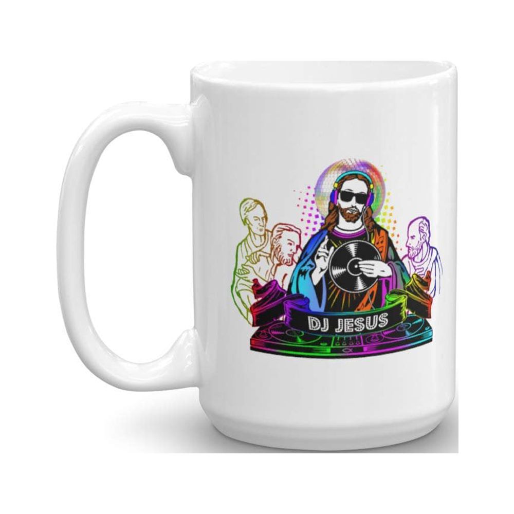 DJ Jesus Wearing Shades & Holding Vinyl Featuring A Disco Ball, Mixer ...