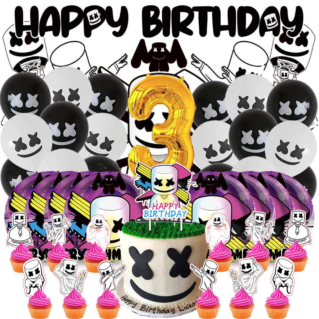 DJ Marshmello Balloons Party Supplies 3rd Decor Tableware Birthday Cake ...