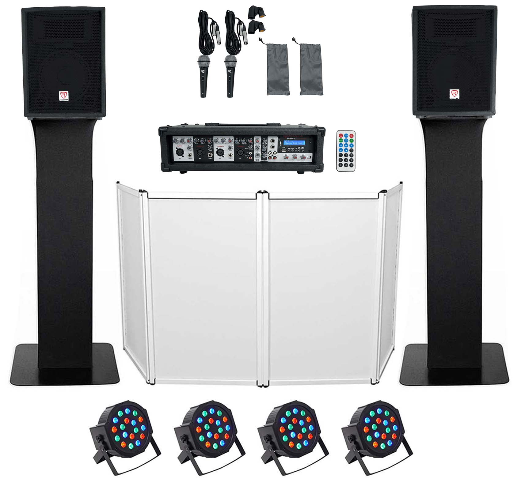 DJ Package w/10" Speakers+Bluetooth Mixer+Mics+Tripod+Totem Stands ...
