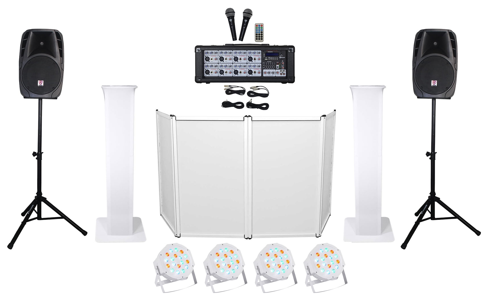 DJ Package w/(2) 12" Speakers+Bluetooth Mixer+Mics+Totem Stands+Facade+Lights - Walmart.com