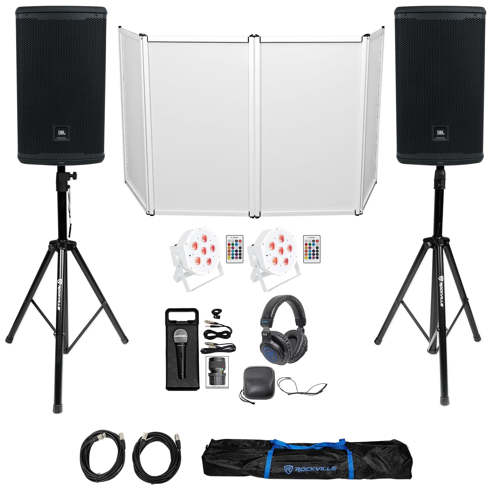 DJ Package w/ (2) JBL EON710 10" Speakers+Stands+Facade+Lights+Mic ...