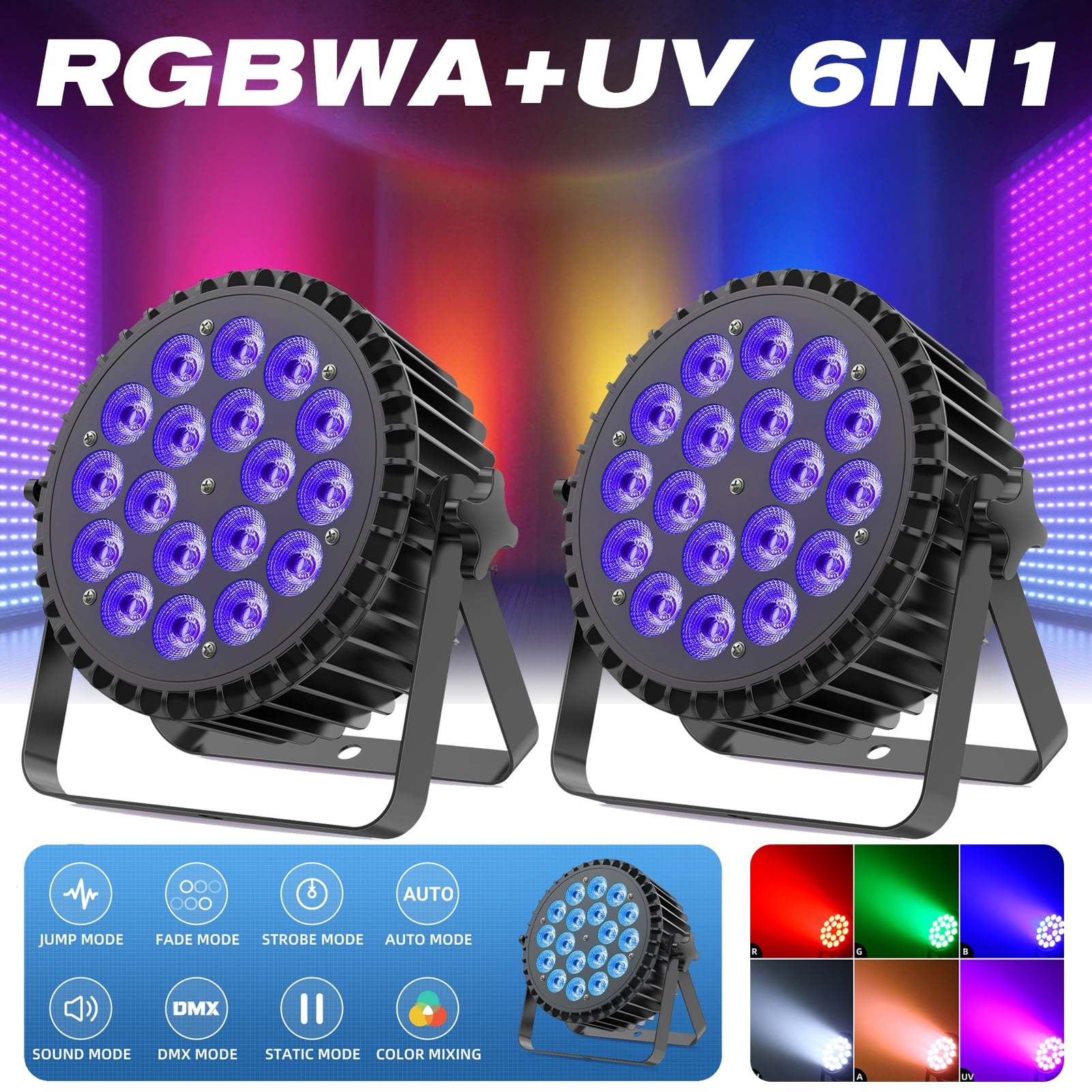 DJ Par Lights, RGBWA + UV 18 LED Stage Lights Sound Activated DMX ...