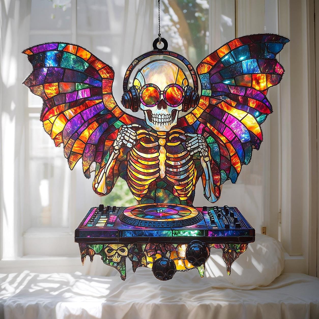 DJ Skeleton Faux Wavy Acrylic Suncatcher - Colorful Winged Skull With ...
